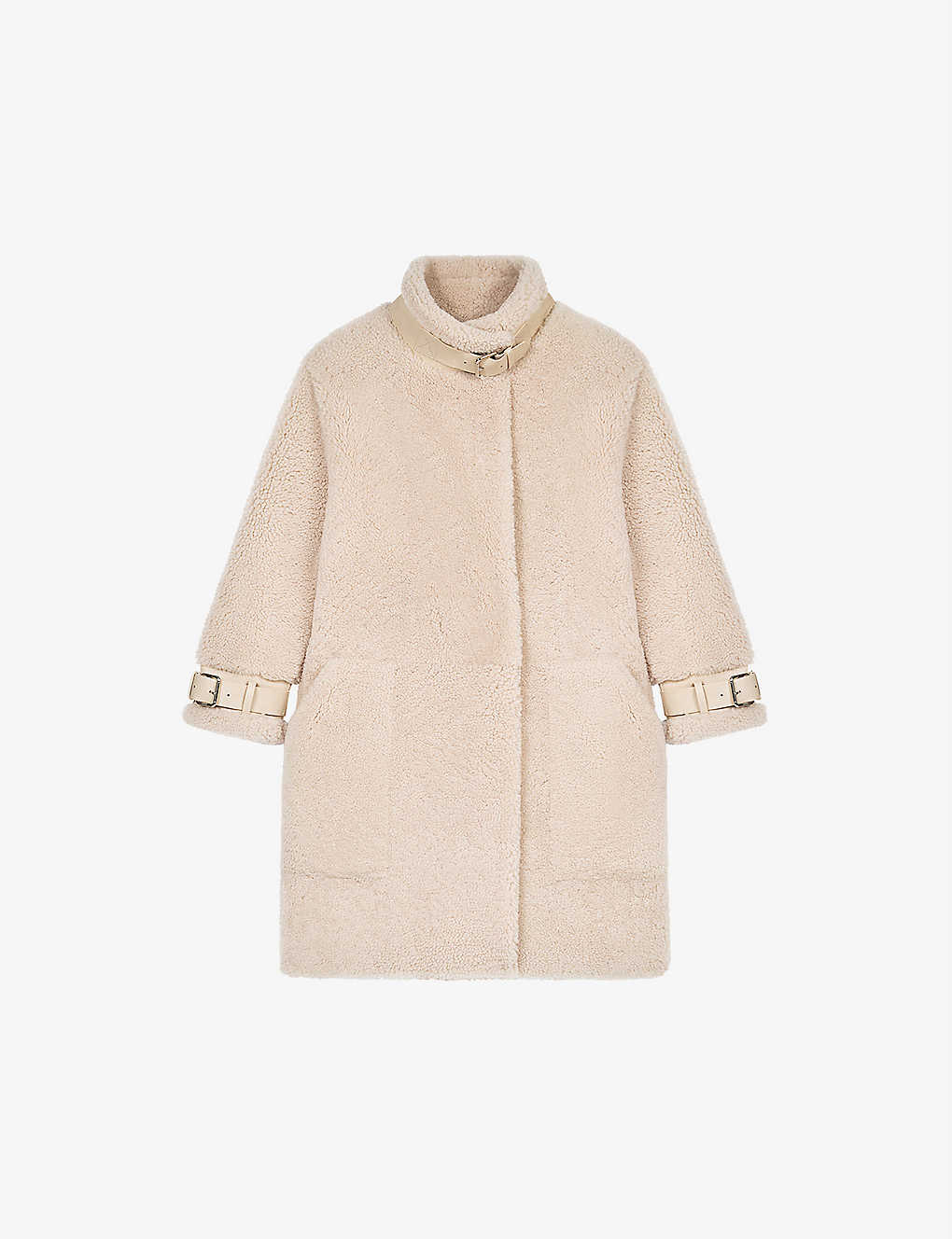 MAJE Gibsy Belted-Cuffs High-Neck Shearling Coat in BLANC | endource