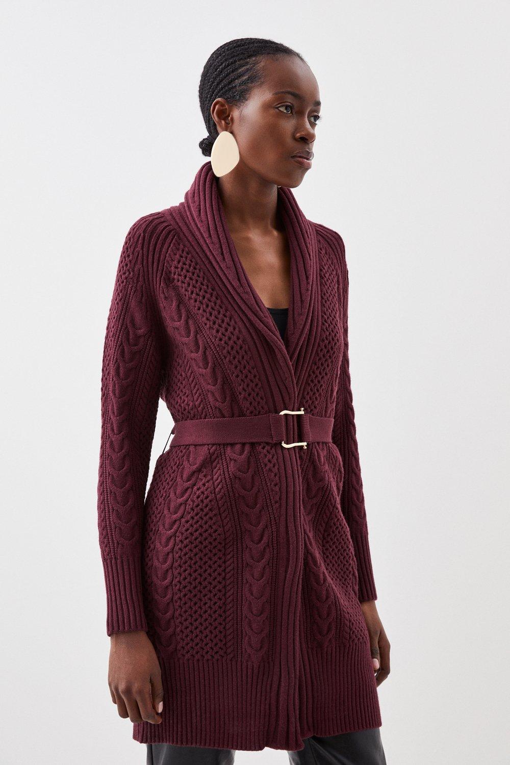 KAREN MILLEN Viscose Blend Cable Knit Longline Cardigan in Burgundy ...