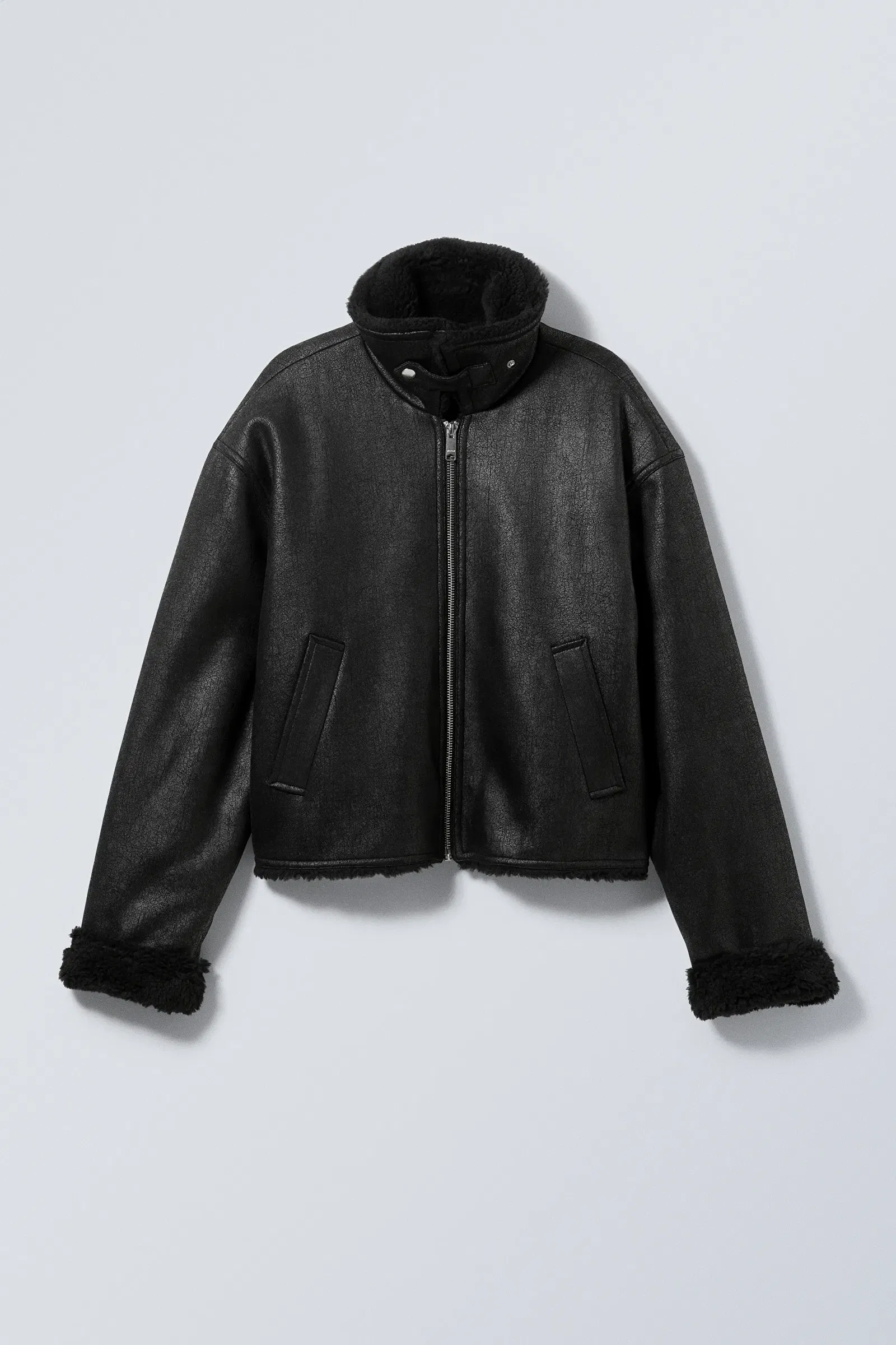 WEEKDAY Sim Shearling Jacket in Black Faux Suede | endource