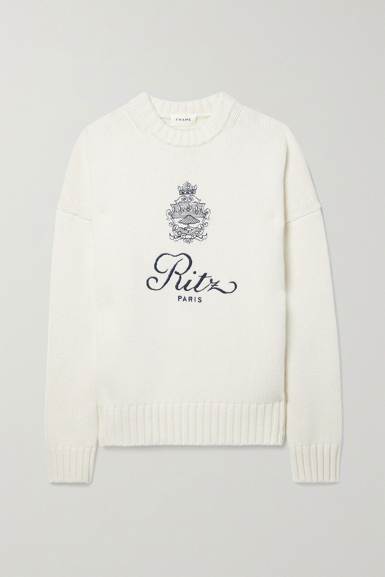 FRAME Ritz Paris Embroidered Cashmere Sweater in Off-white | Endource