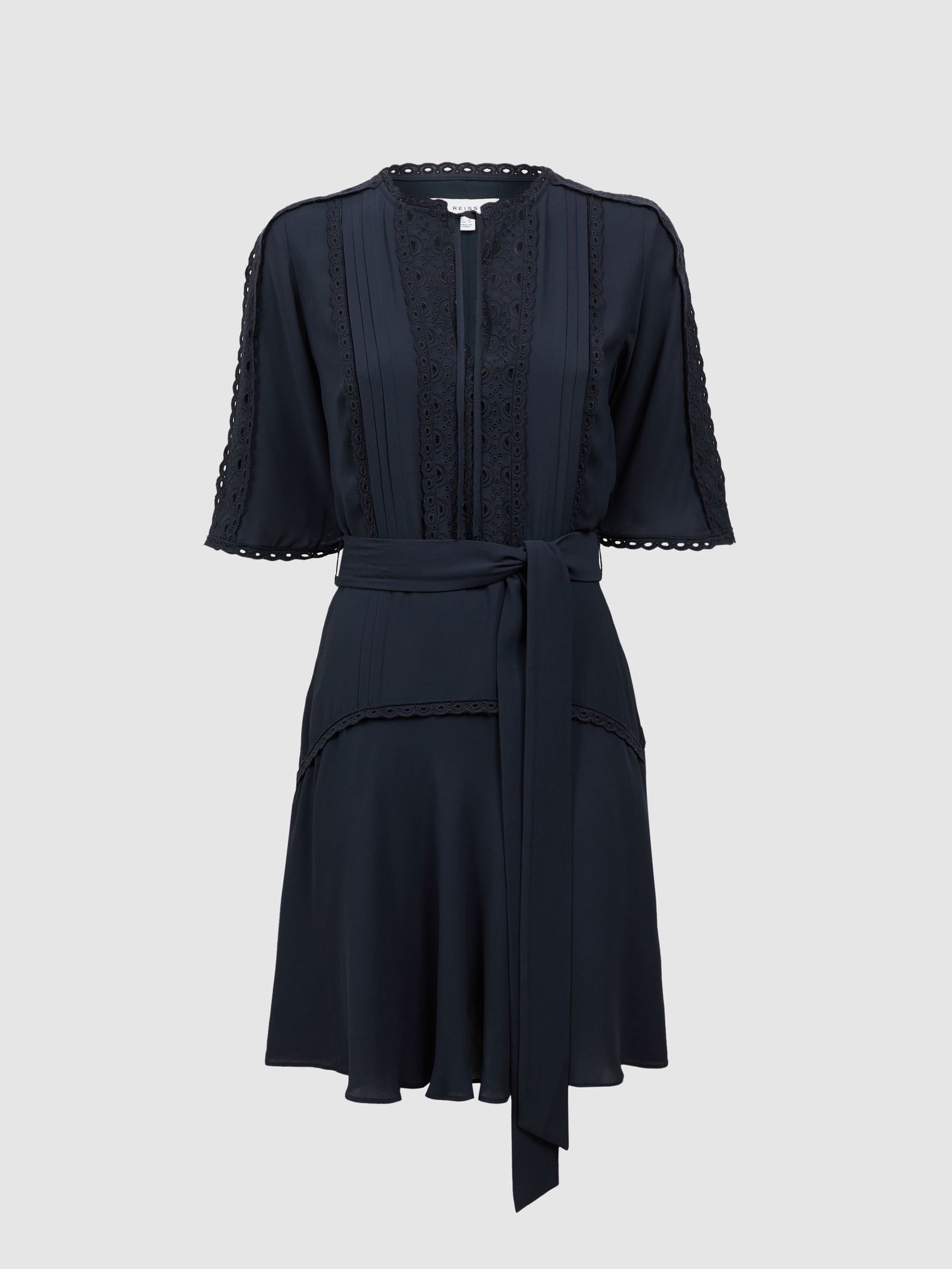 REISS Felicity High Neck Lace Mini Dress in Navy | endource