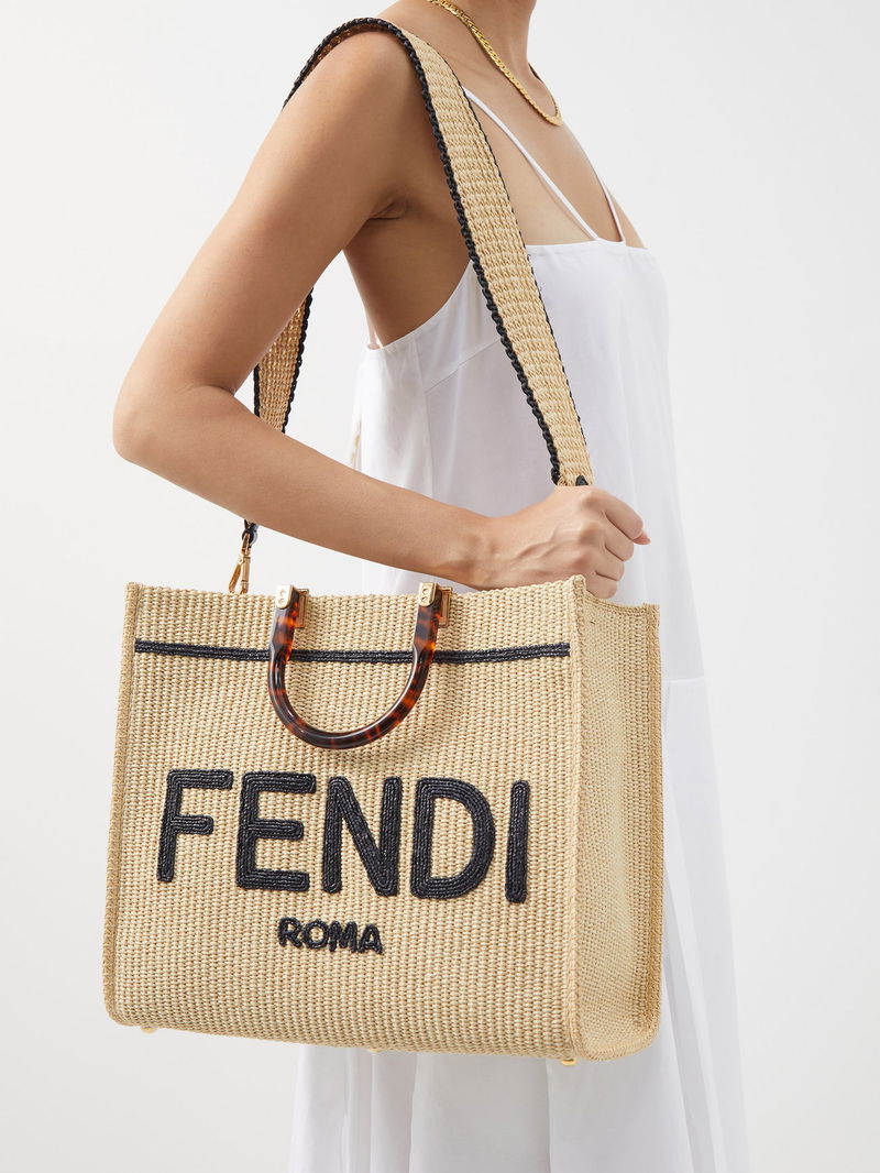 FENDI Sunshine Embroidered-Logo Raffia-Woven Tote Bag in Beige | endource