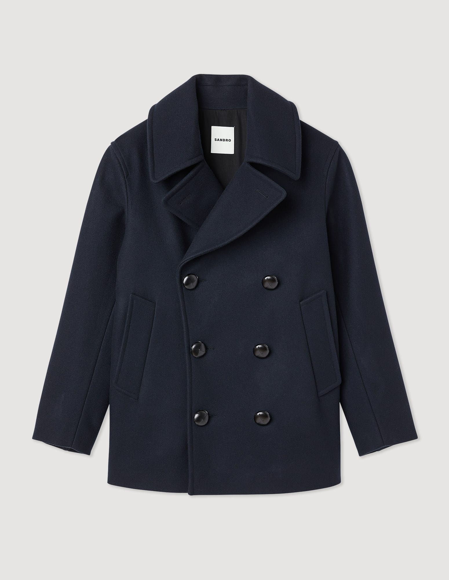 SANDRO Wool Cloth Pea Coat in Navy Blue | endource