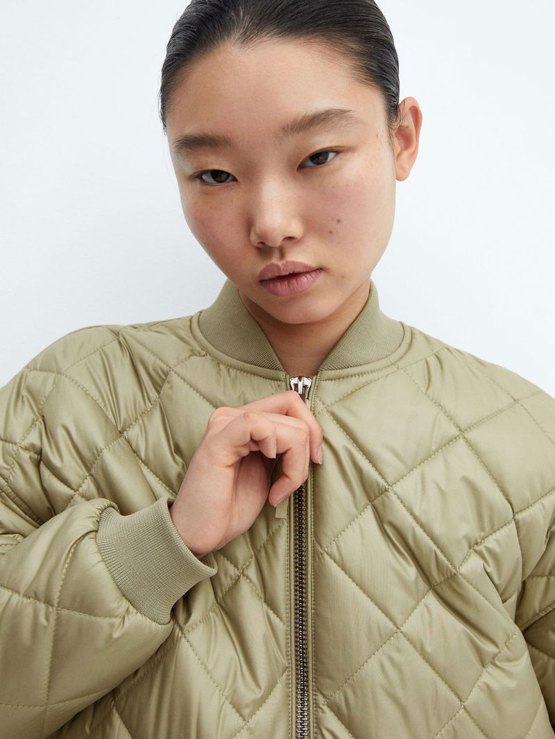 MANGO Quilted Bomber Jacket in Khaki | Endource