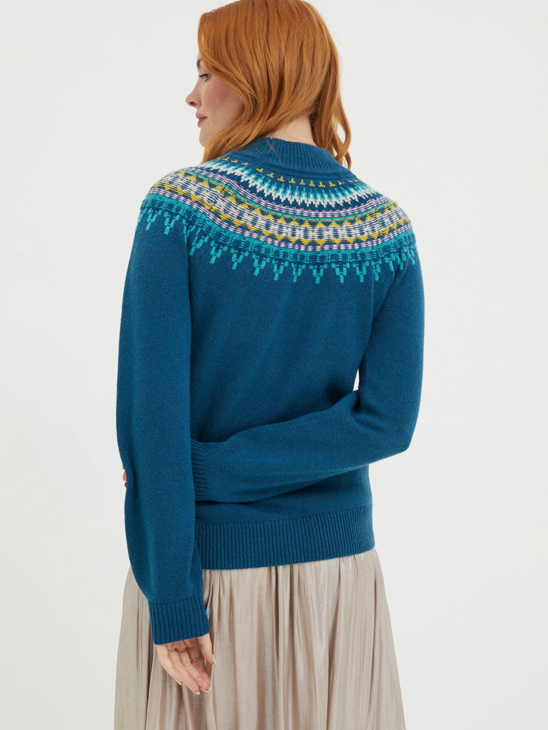 FATFACE Porth Fair Isle Wool Blend Jumper in Teal Blue | endource