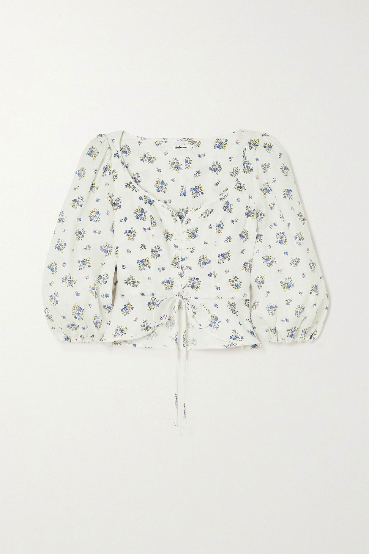REFORMATION Barrett Lace-Up Floral-Print Linen Top in White | Endource