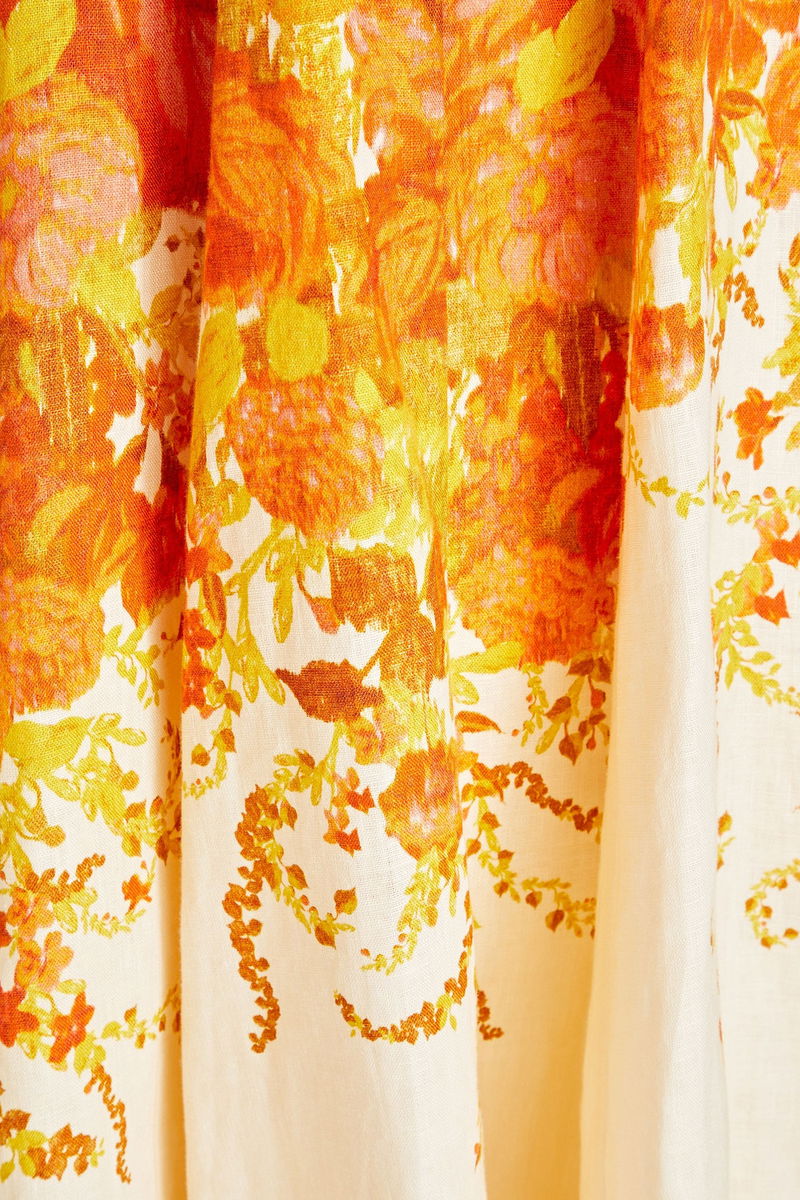 Zimmermann Shirred Floral Print Linen Midi Dress In Orange Endource