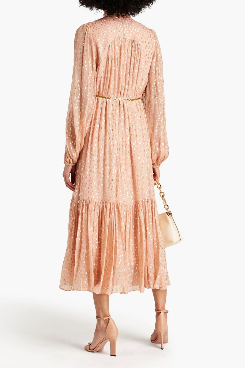 Zimmermann Billow Pussy Bow Metallic Fil Coupé Crepon Midi Dress In