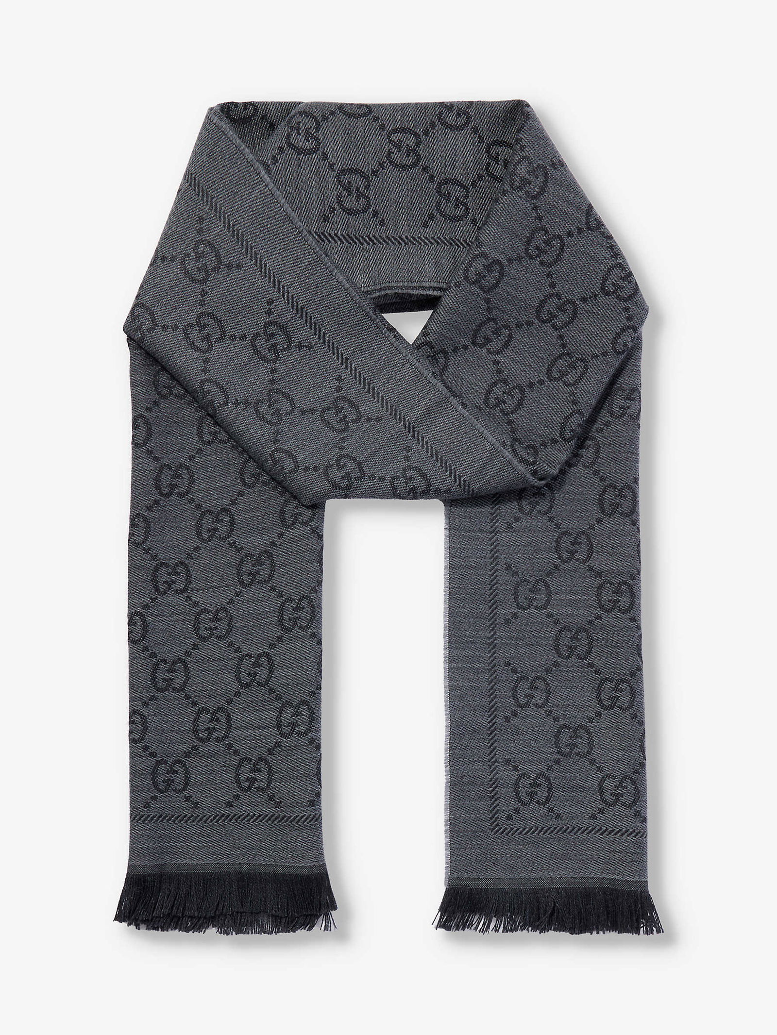 GUCCI Monogram-Pattern Fringed-Trim Wool Knitted Scarf in ANTHRACITE ...