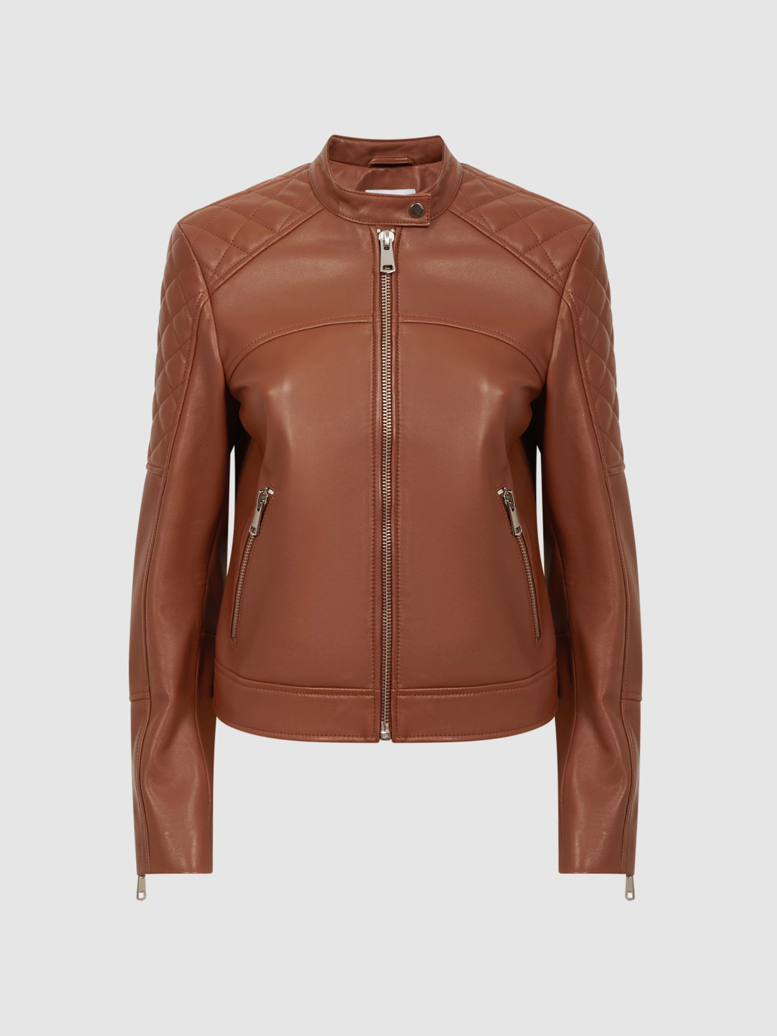 REISS Adelaide Leather Collarless Quilted Jacket in Tan | Endource