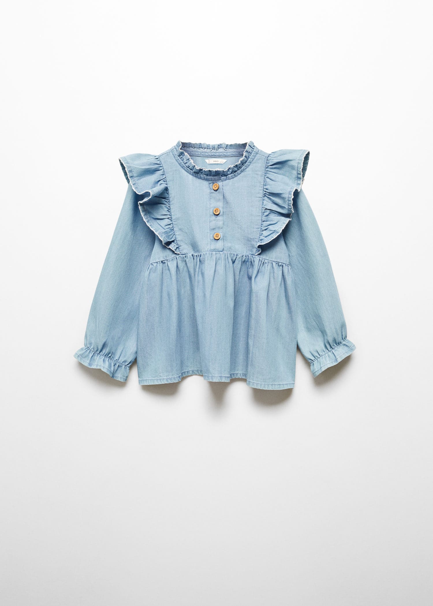 MANGO Ruffled Denim Shirt in Indigo Blue | endource