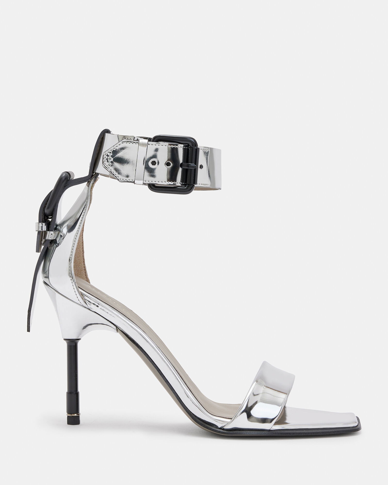 ALLSAINTS Noir Metallic High Heel Sandals in Mirror Silver | endource