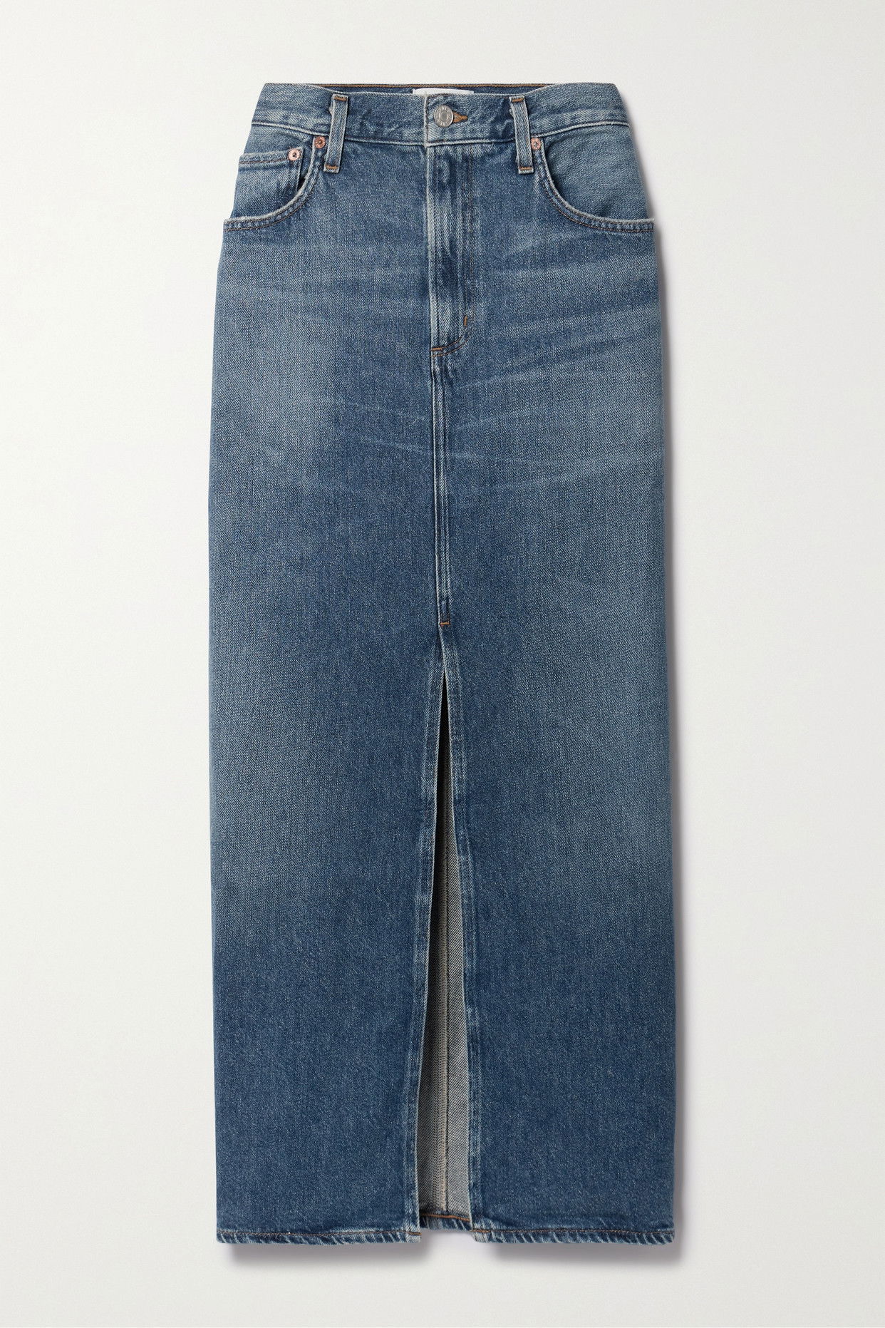 AGOLDE Leif Denim Midi Skirt in Blue | endource
