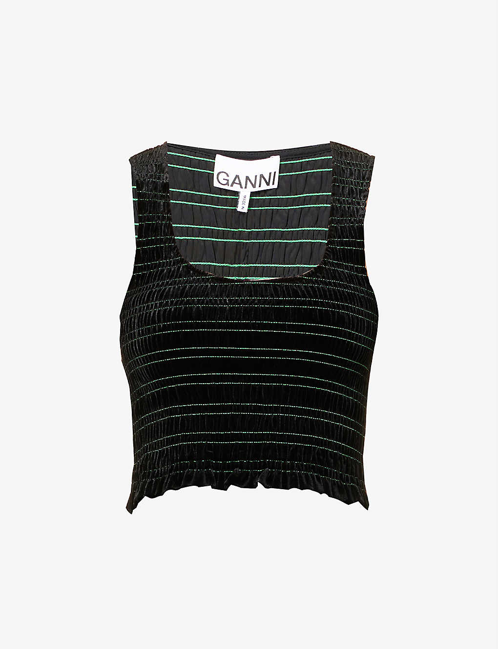 GANNI Shirred Contrast-Stitch Recycled Polyester-Blend Top in BLACK ...