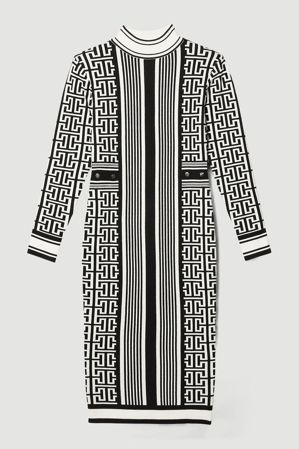 KAREN MILLEN Mono Jacquard Knit Midi Dress in Mono | endource