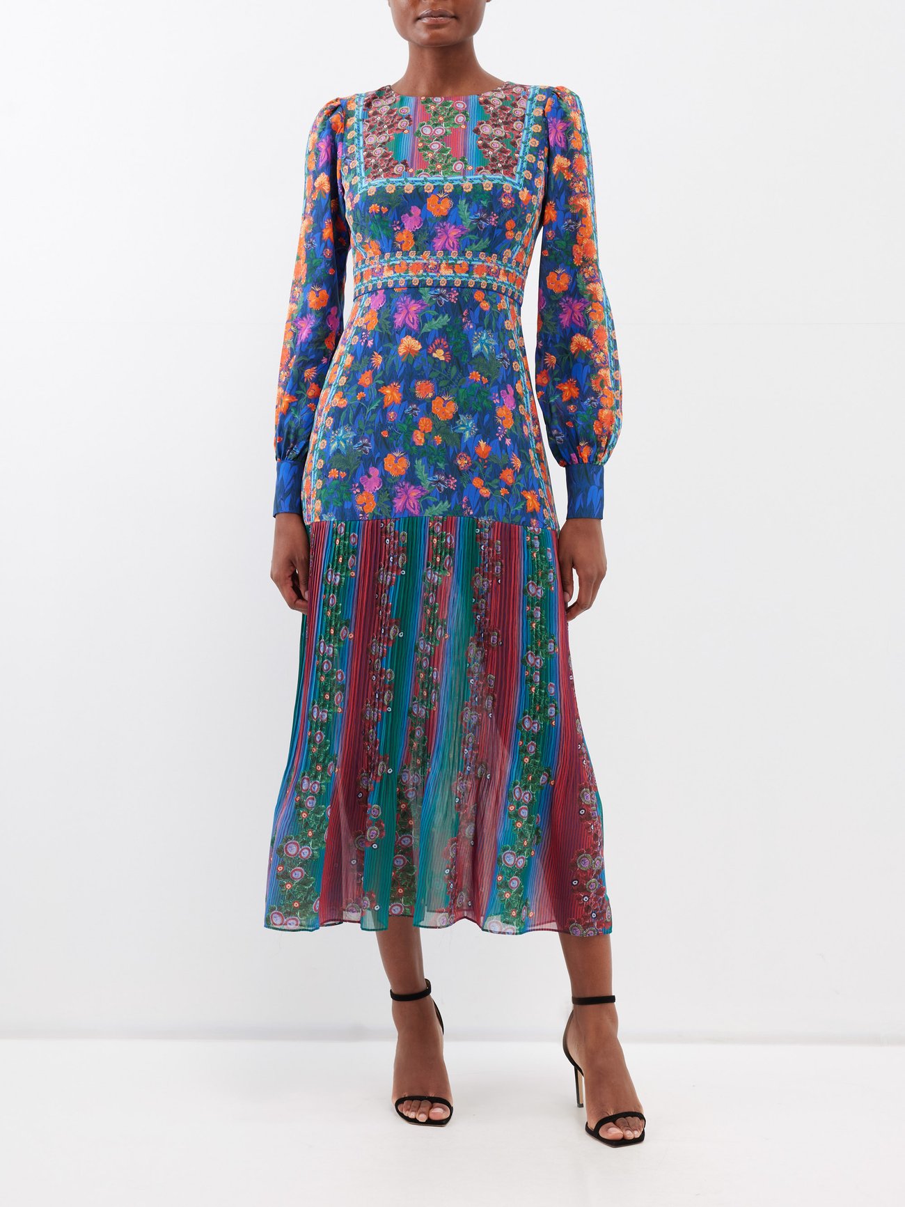 SALONI Vera Pleated Printed Silk Midi Dress in Blue | endource