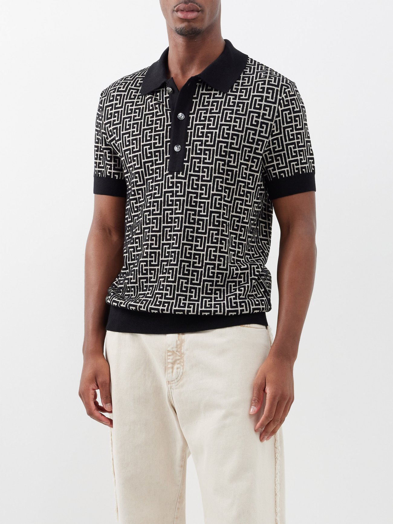 Balmain Monogram-Jacquard Merino-Blend Polo Shirt in Black | Endource