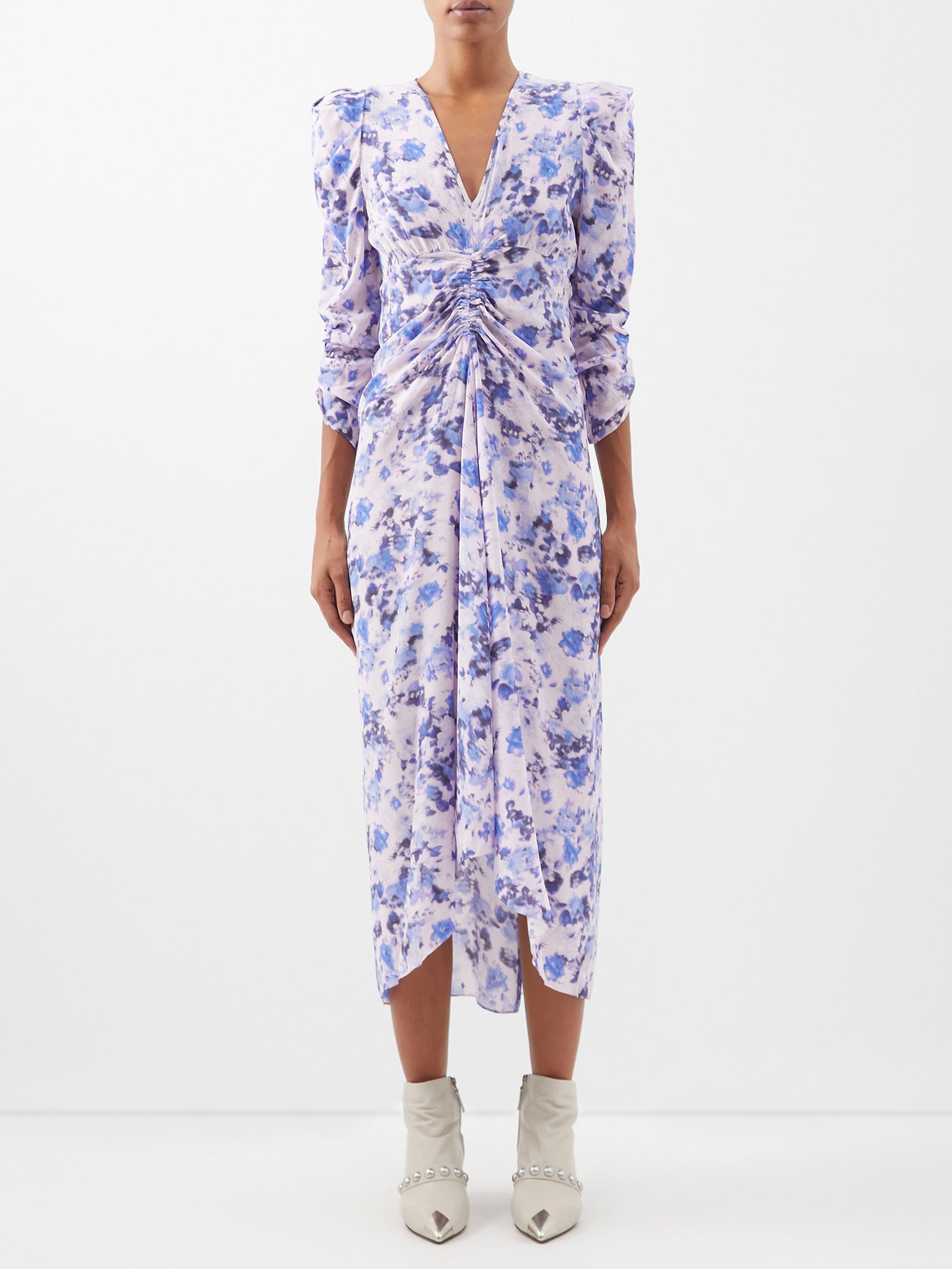 ISABEL MARANT Albini Ruched Floral-Print Silk Midi Dress in Blue | endource