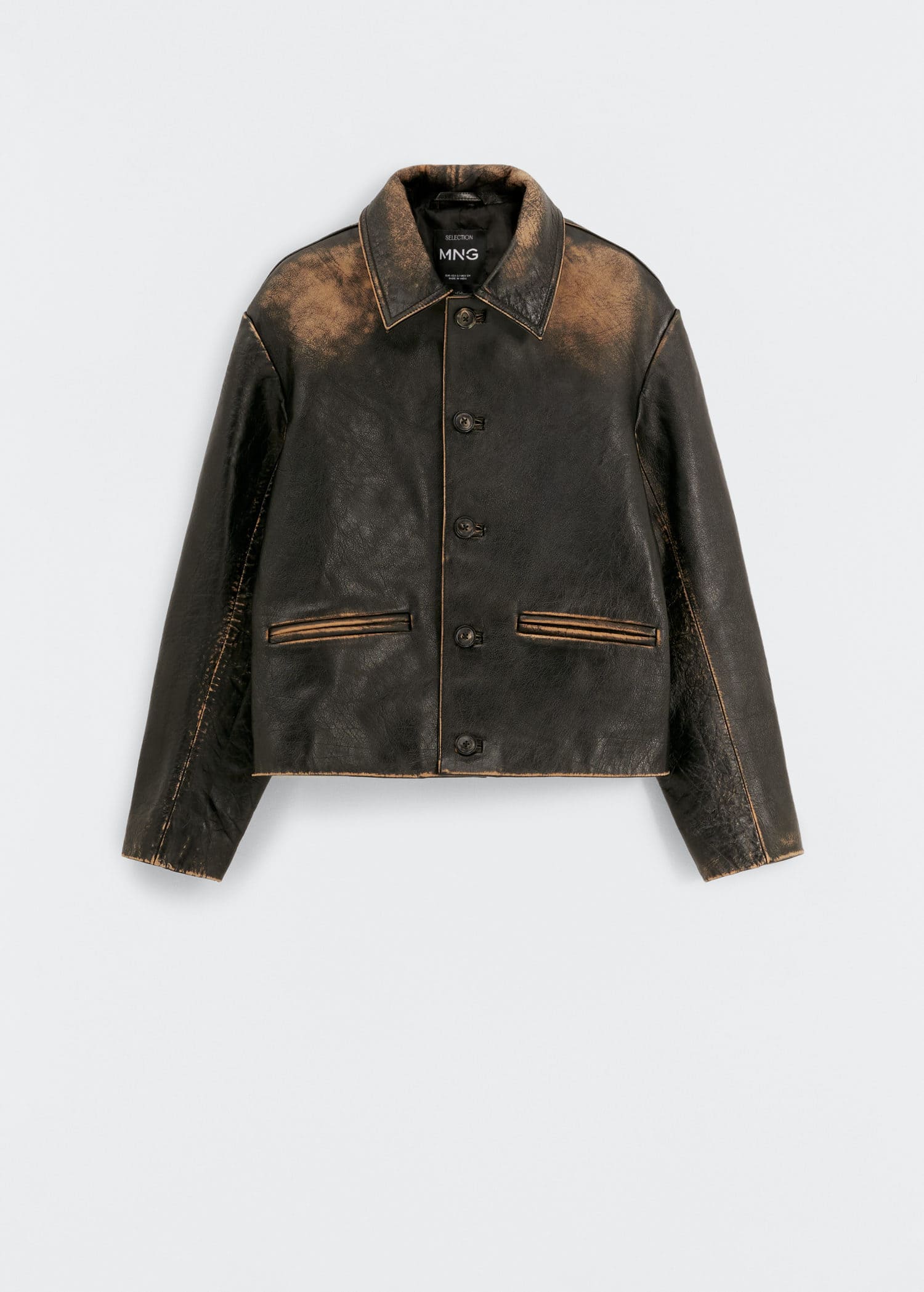 MANGO Worn Effect Leather Jacket in Black | endource