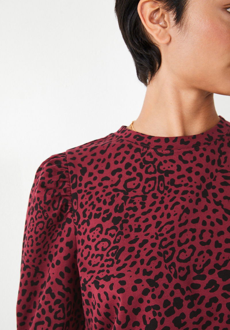 HUSH Bella Puff Sleeve Jersey Top in Leopard Burgundy/Black | Endource
