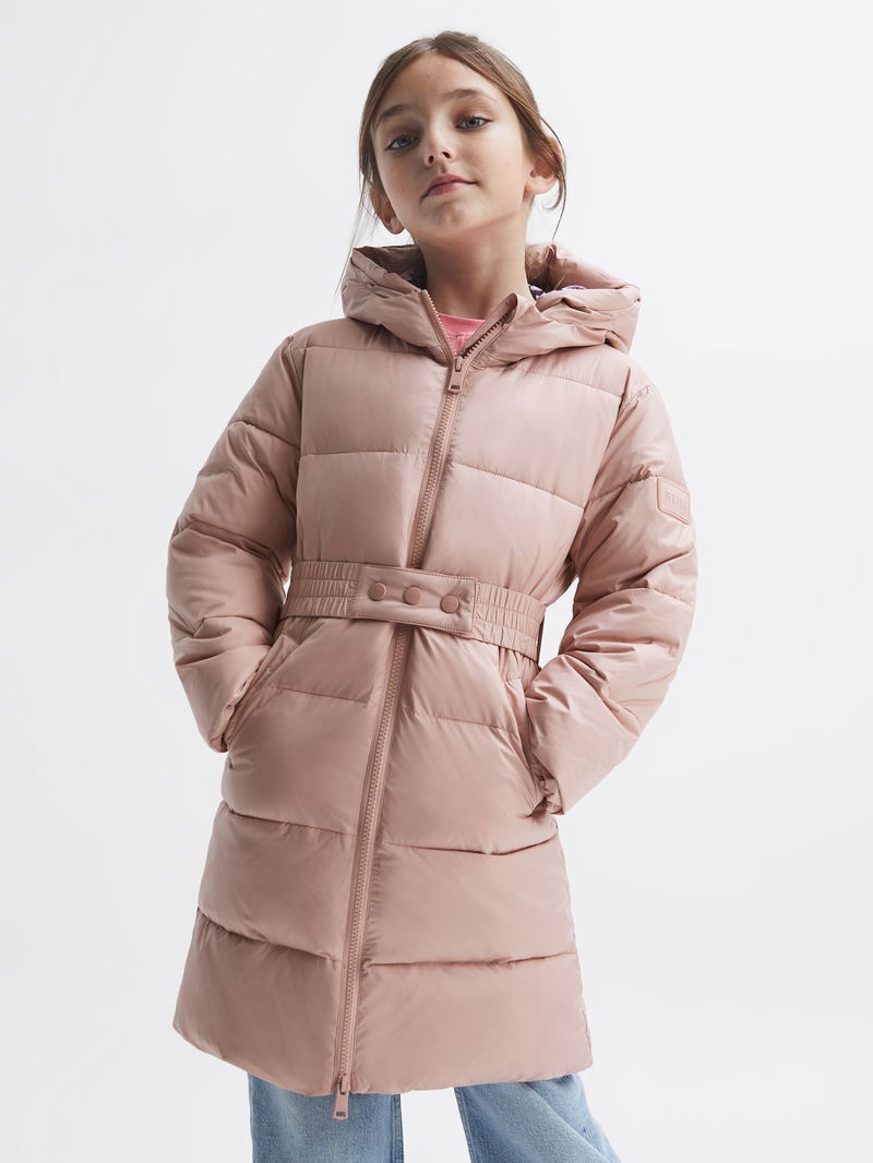 REISS Tia Longline Quilted Hooded Coat in Pink | Endource