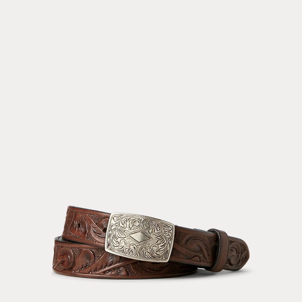 RALPH LAUREN RRL Hand-Tooled Leather Belt in Brown | endource