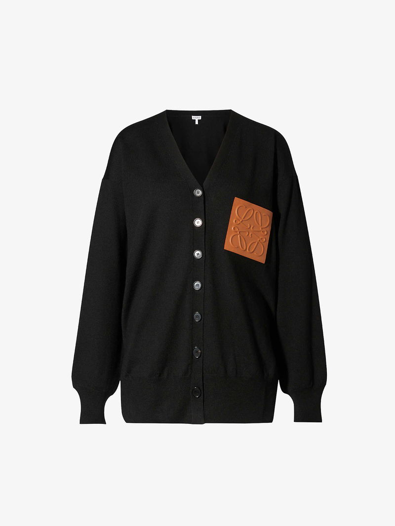 LOEWE Monogram-Embroidered Wool Knitted Cardigan in BLACK | endource