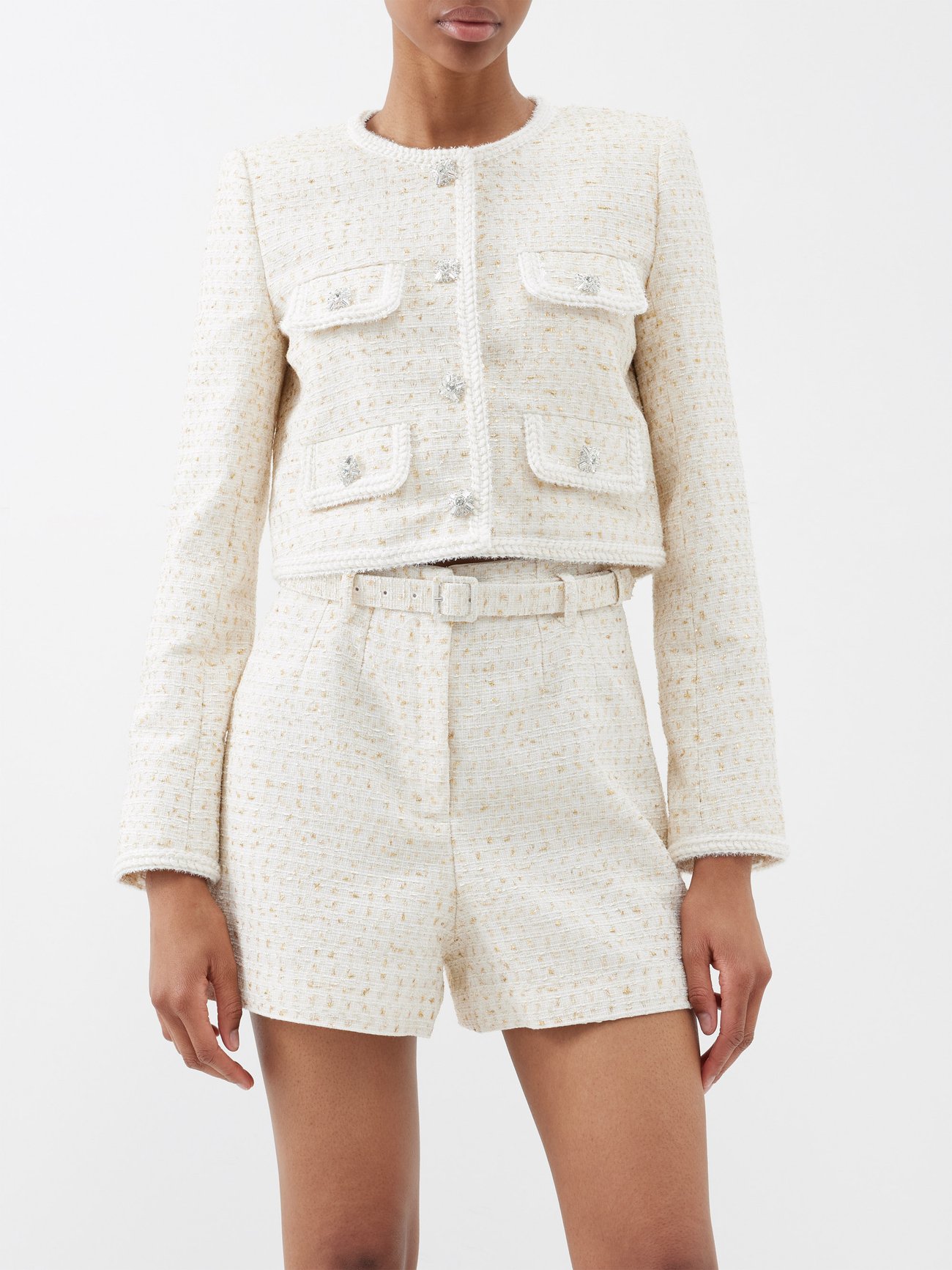 SELF-PORTRAIT Cropped Bouclé Jacket in Cream | endource