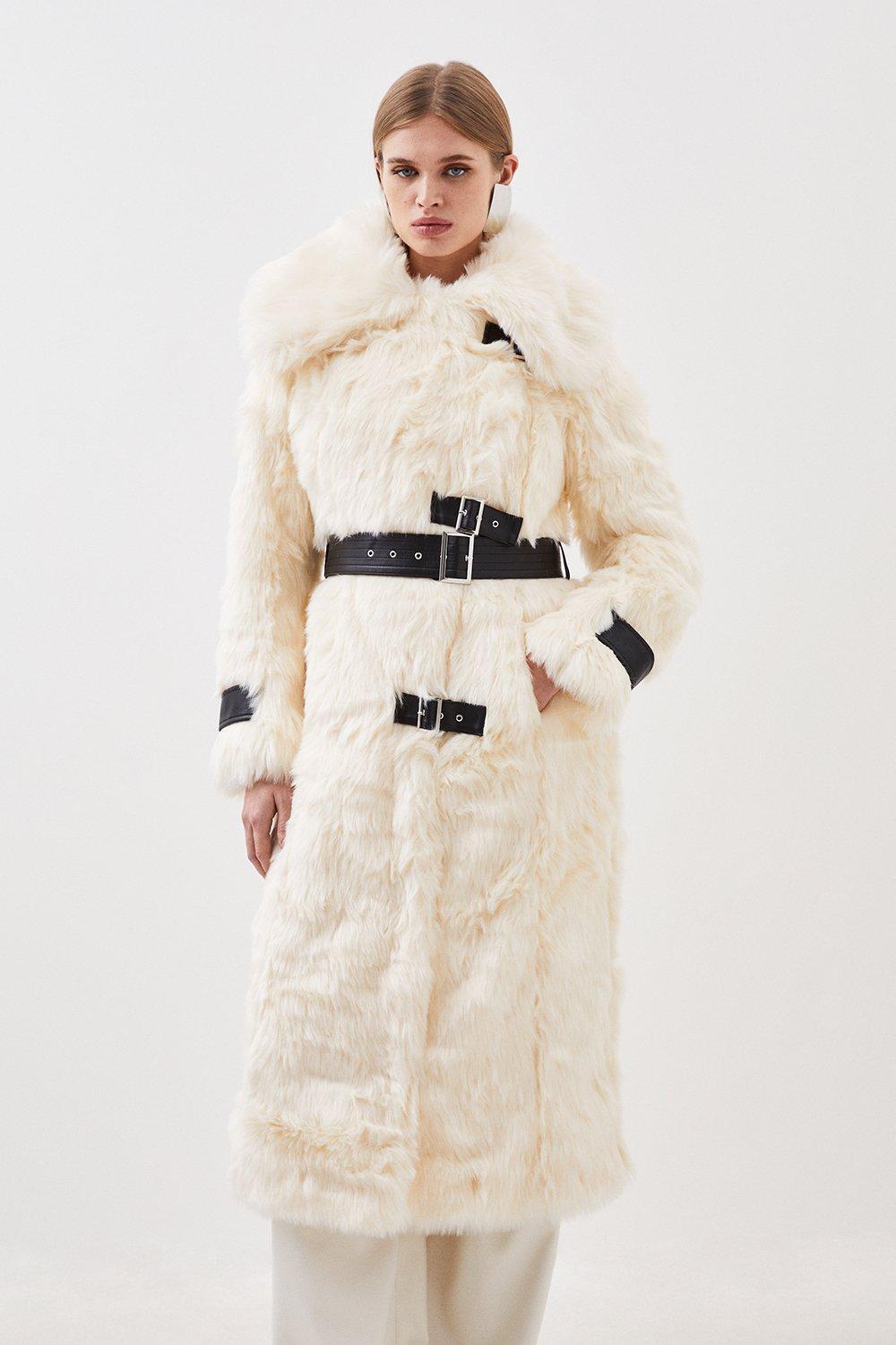 KAREN MILLEN Faux Fur & Pu Detail Long Pile Belted Maxi Coat in Ivory ...