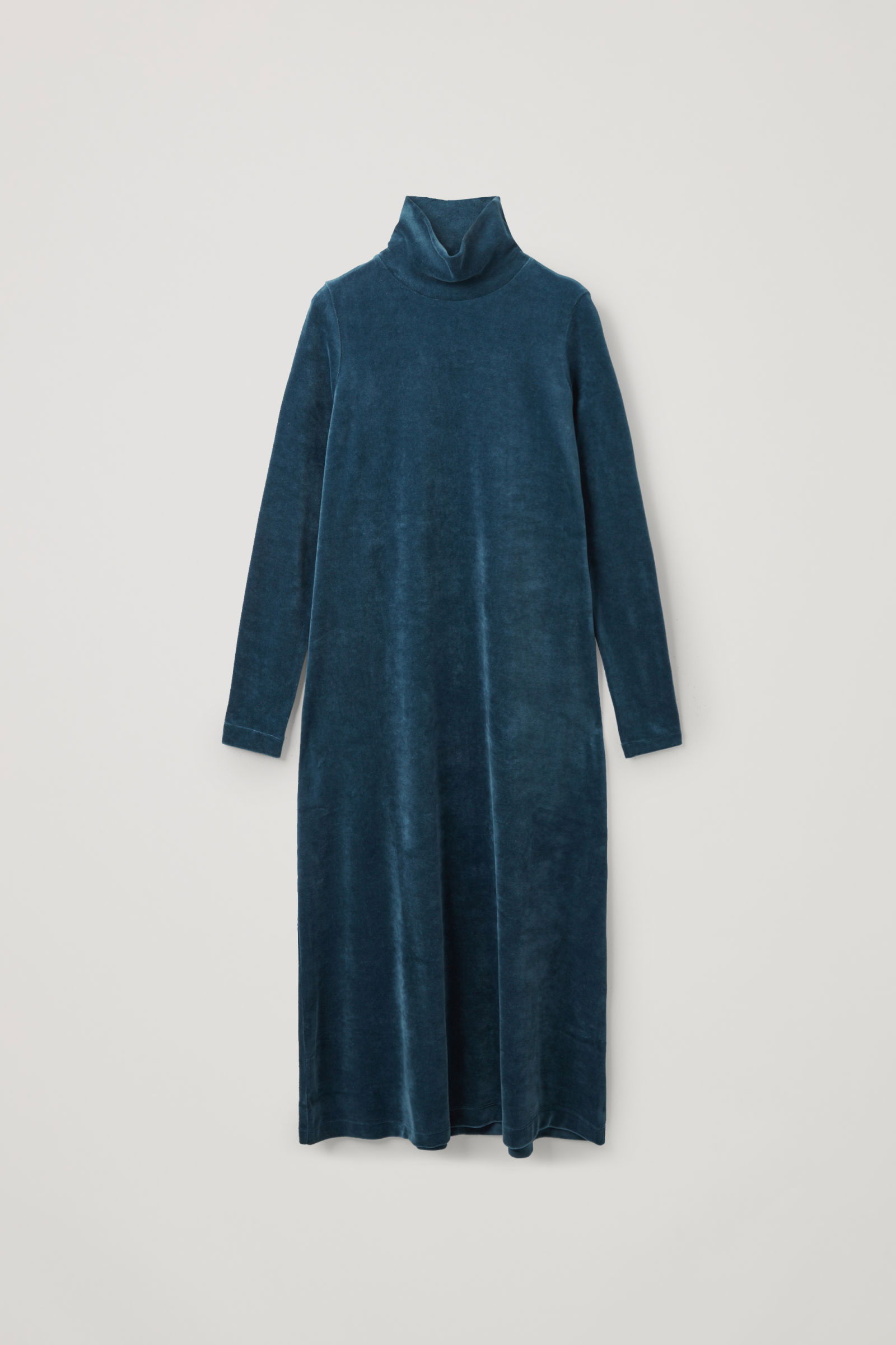 COS Long High Neck Velvet Dress in blue | endource