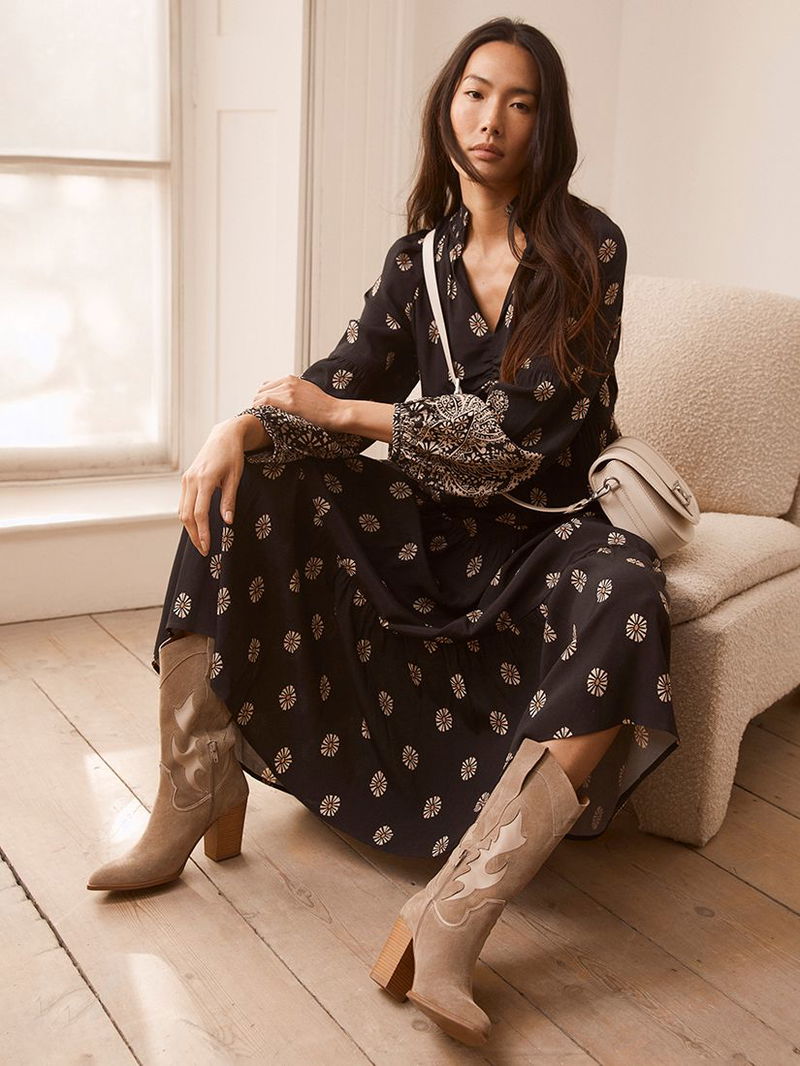 MINT VELVET Dixie Suede Cowboy Boots in Beige | endource