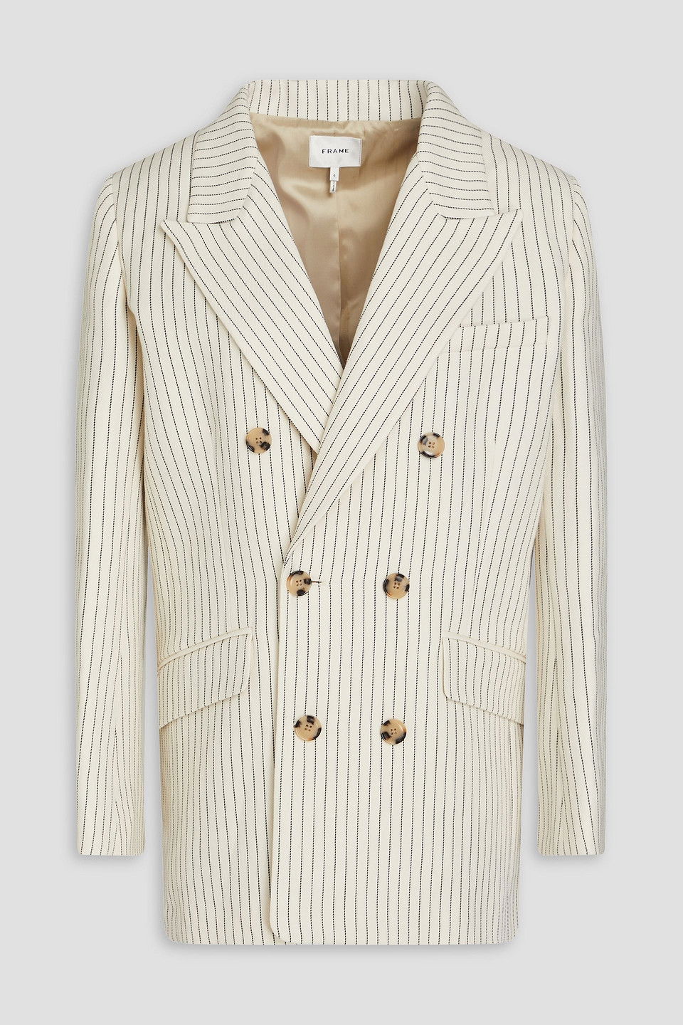 FRAME Double-Breasted Pinstriped Blazer in White | endource