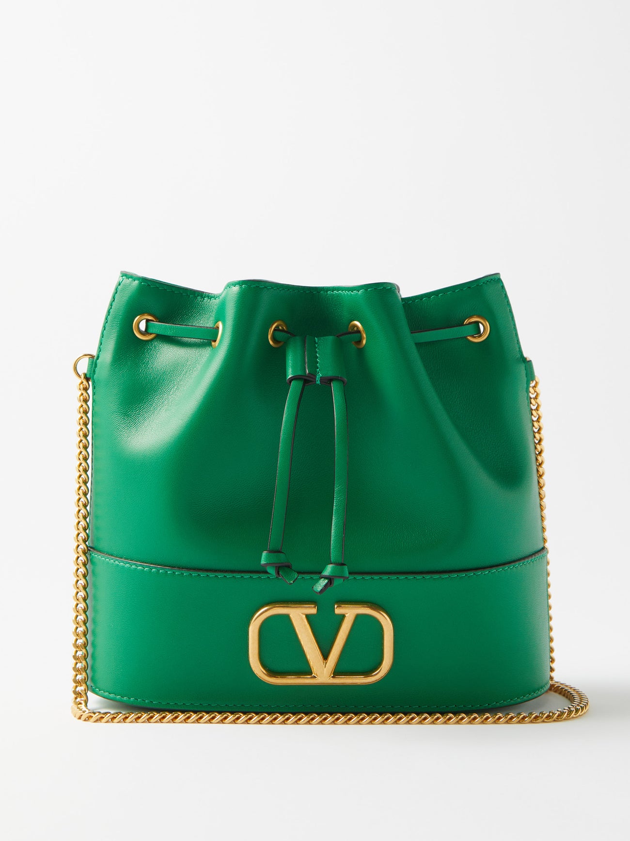 Valentino V-Logo Leather Bucket Bag in Green | endource