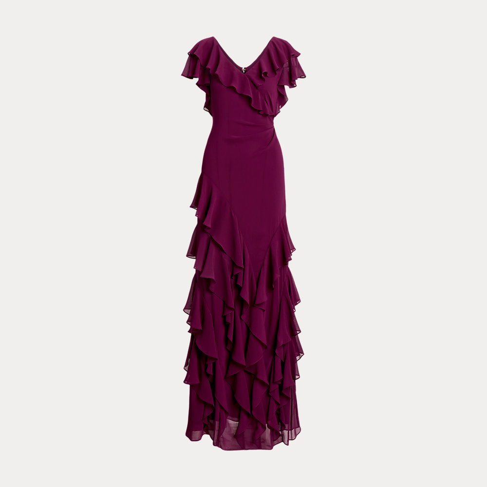 LAUREN RALPH LAUREN Ruffle-Trim Crinkle Georgette Gown in Purple | endource
