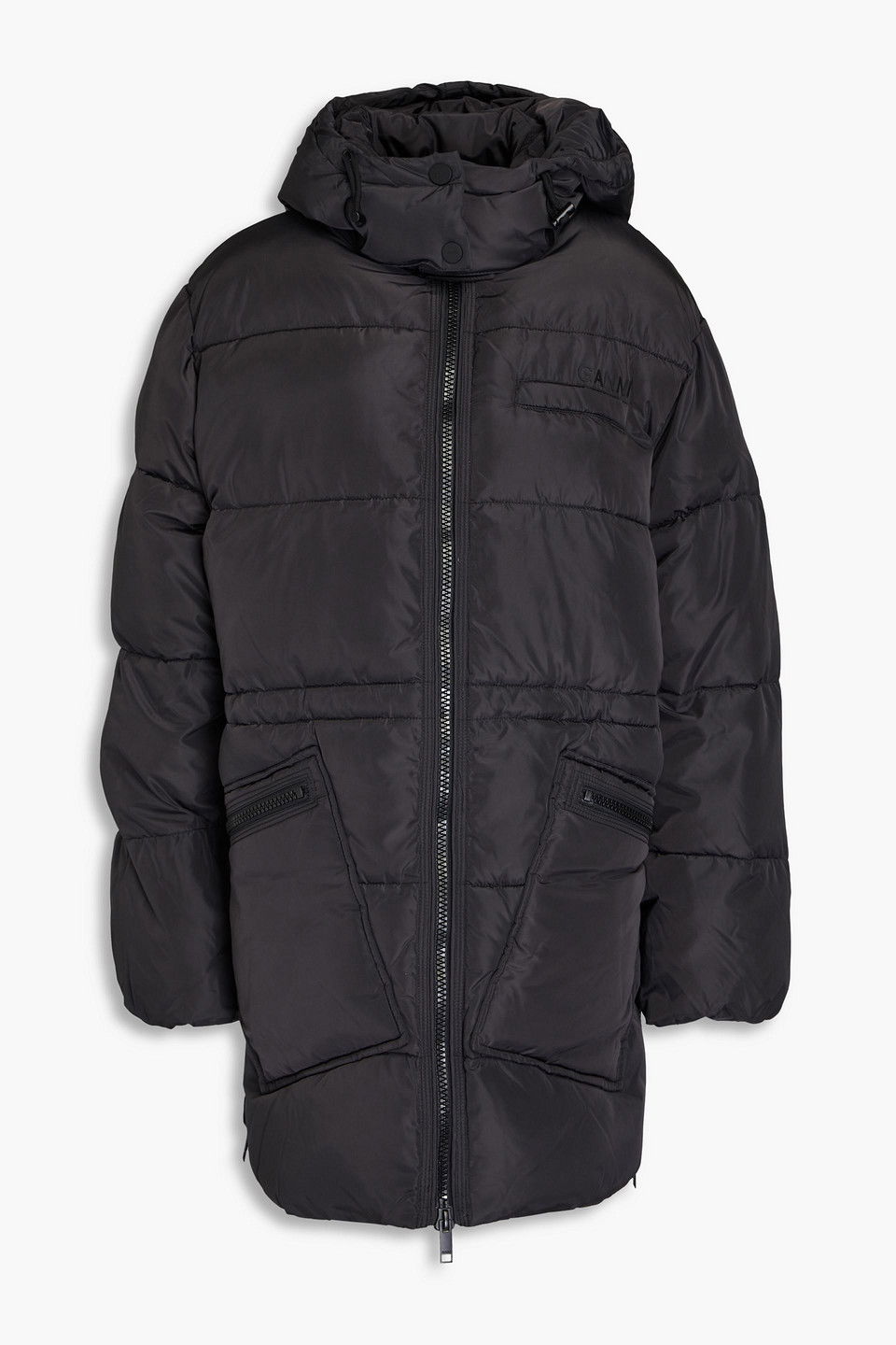 GANNI Appliquéd Quilted Shell Hooded Jacket in Black | endource