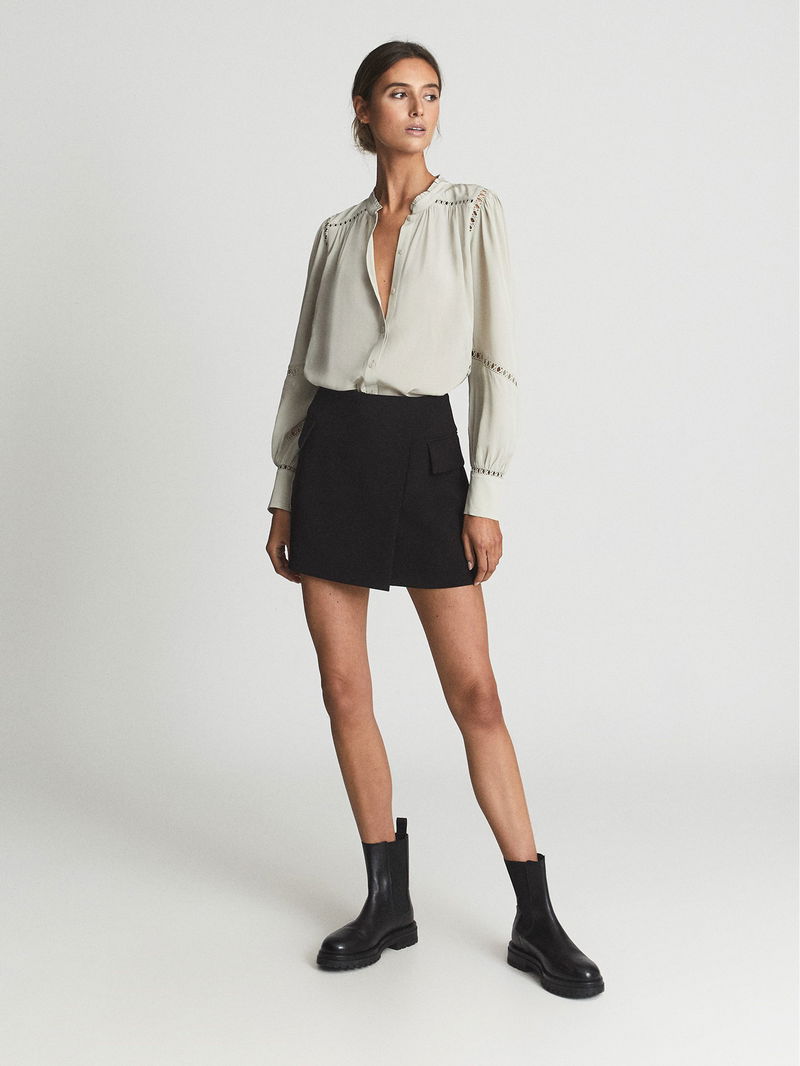 REISS Kalisa Ladder Embroidery Satin Blouse in Pale Green | endource
