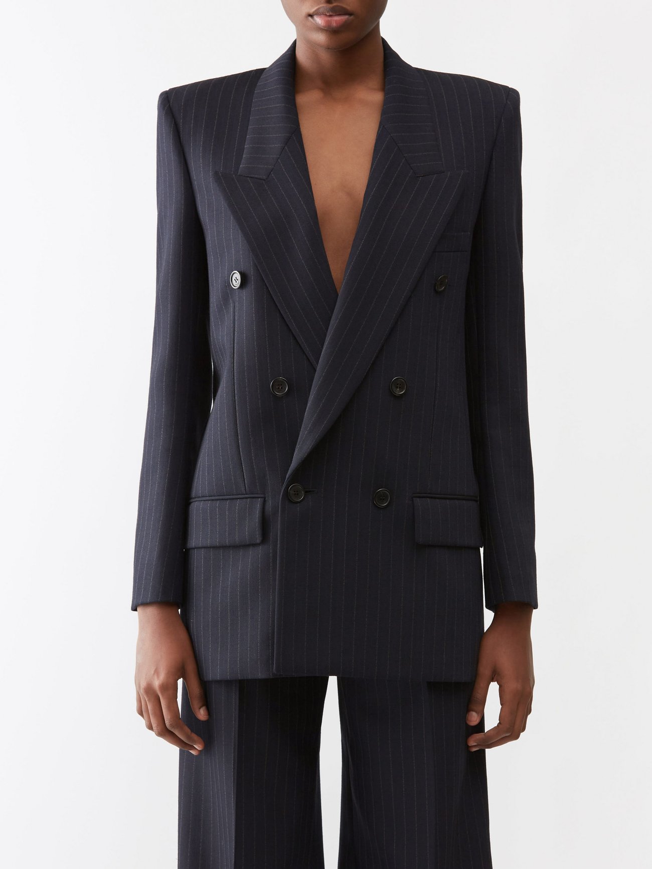 SAINT LAURENT Exaggerated-Shoulder Pinstriped Twill Suit Jacket in Navy ...