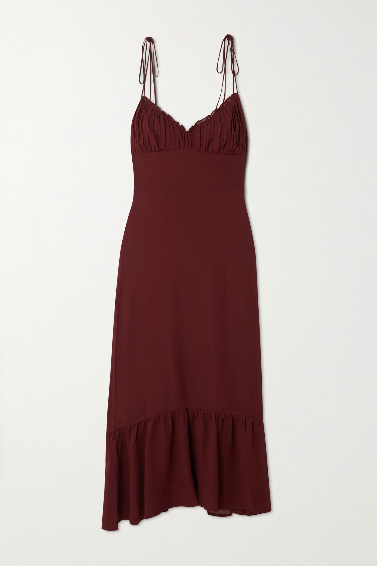 REFORMATION Embry Ruffled Shirred Georgette Midi Dress in Purple | Endource