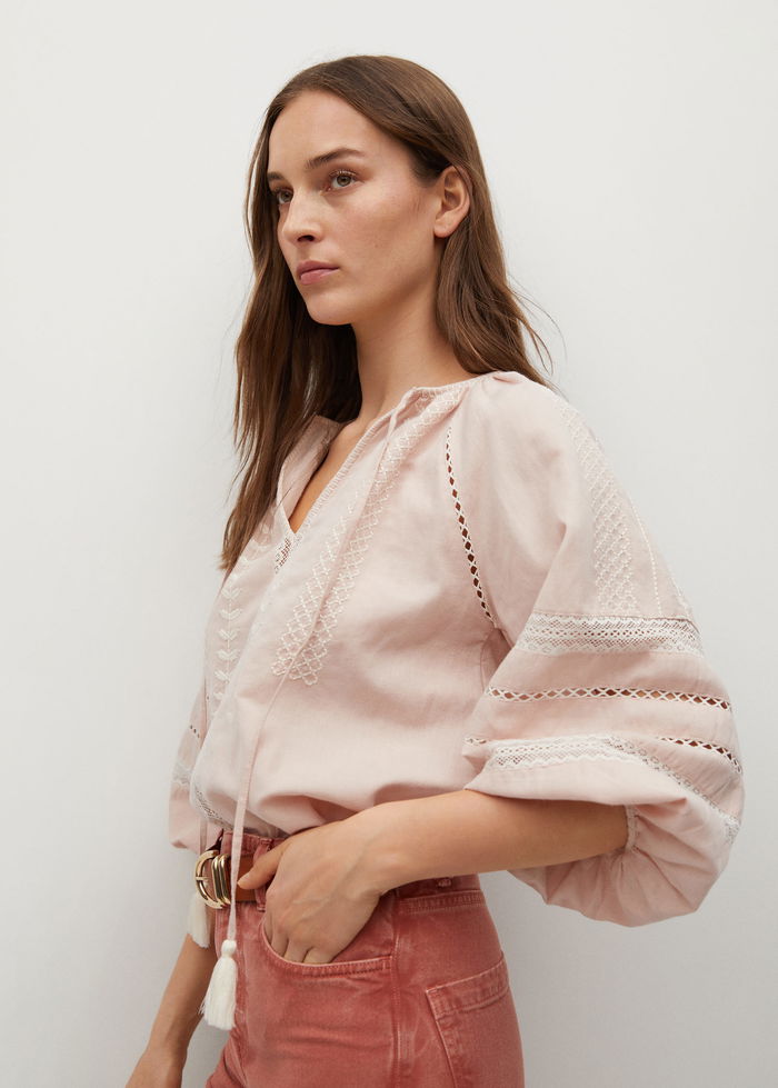 MANGO Cotton Linen Embroidered Blouse | endource