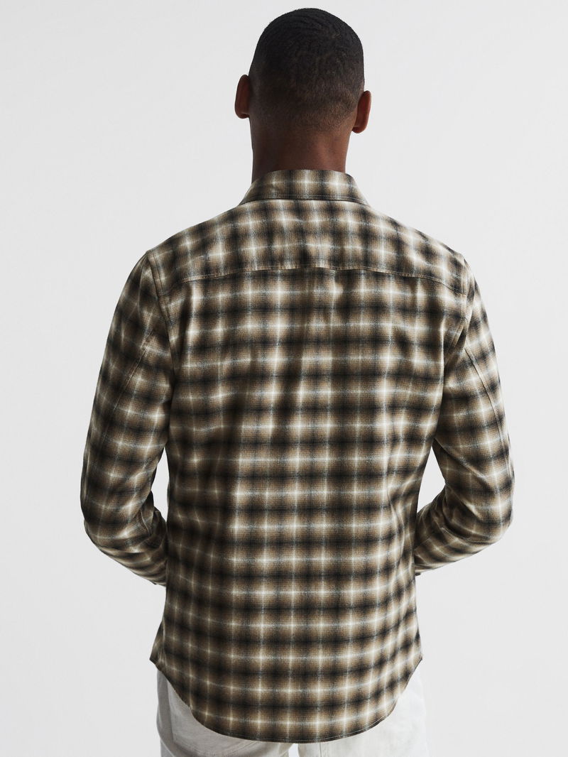 REISS Lockie Brushed Check Overshirt in Brown | endource