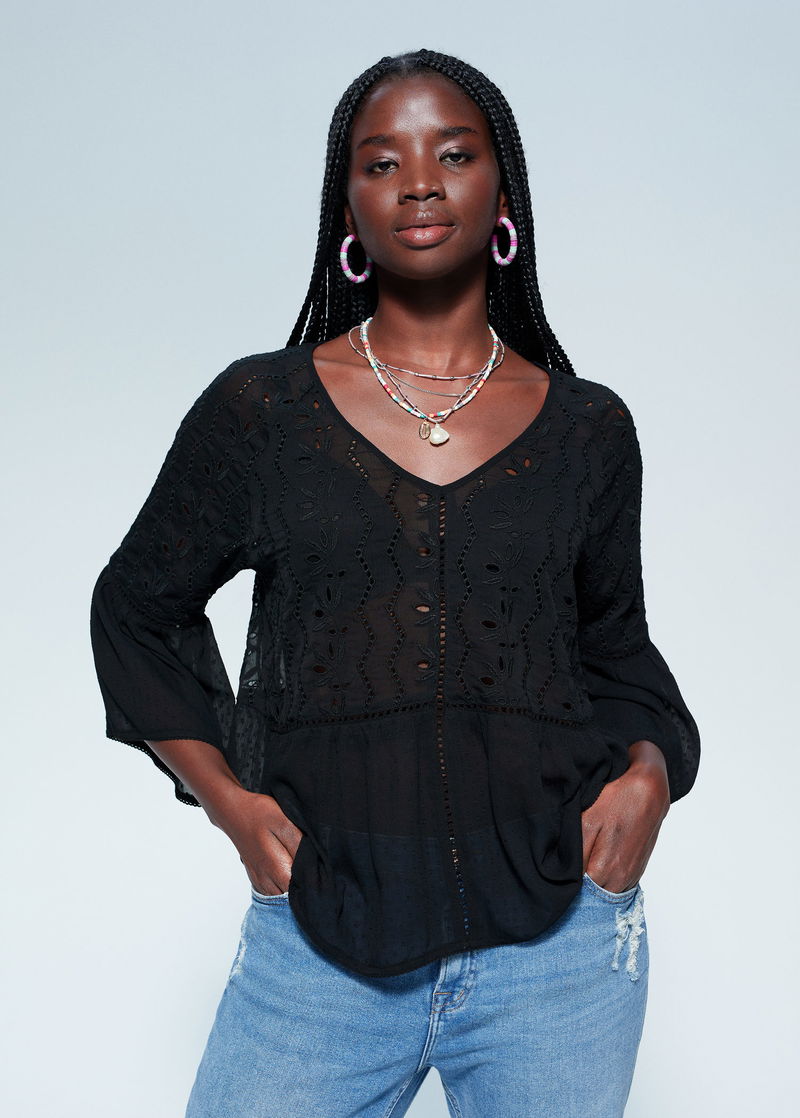 MANGO Embroidered Openwork Blouse in Black | endource