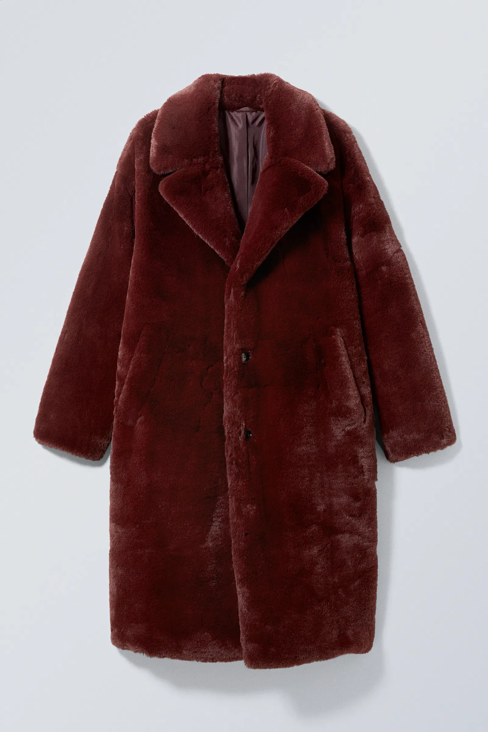 WEEKDAY Albin Faux Fur Coat in Dark Red | endource