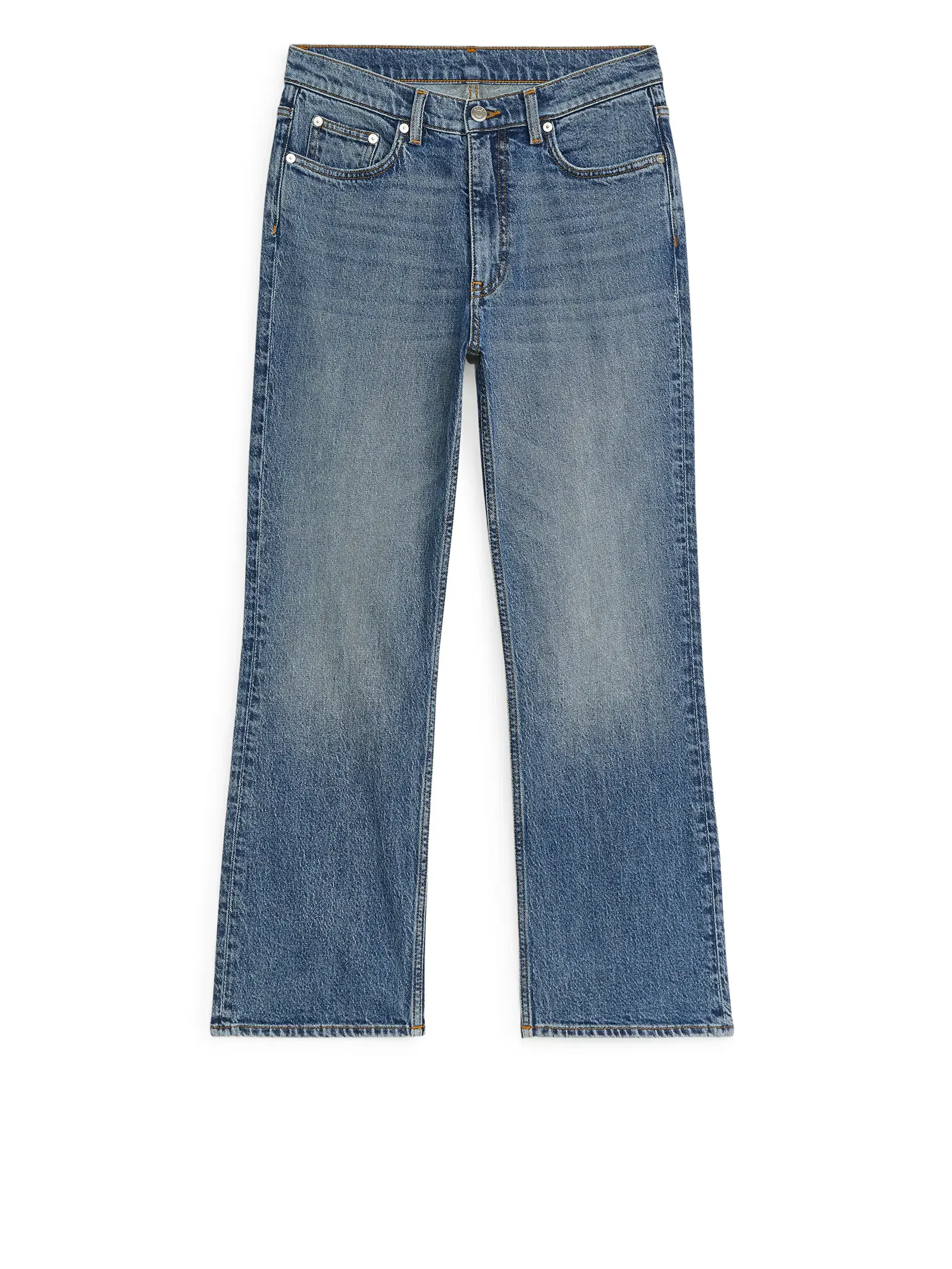 ARKET Fern Cropped Flared Stretch Jeans in Mid Blue | endource