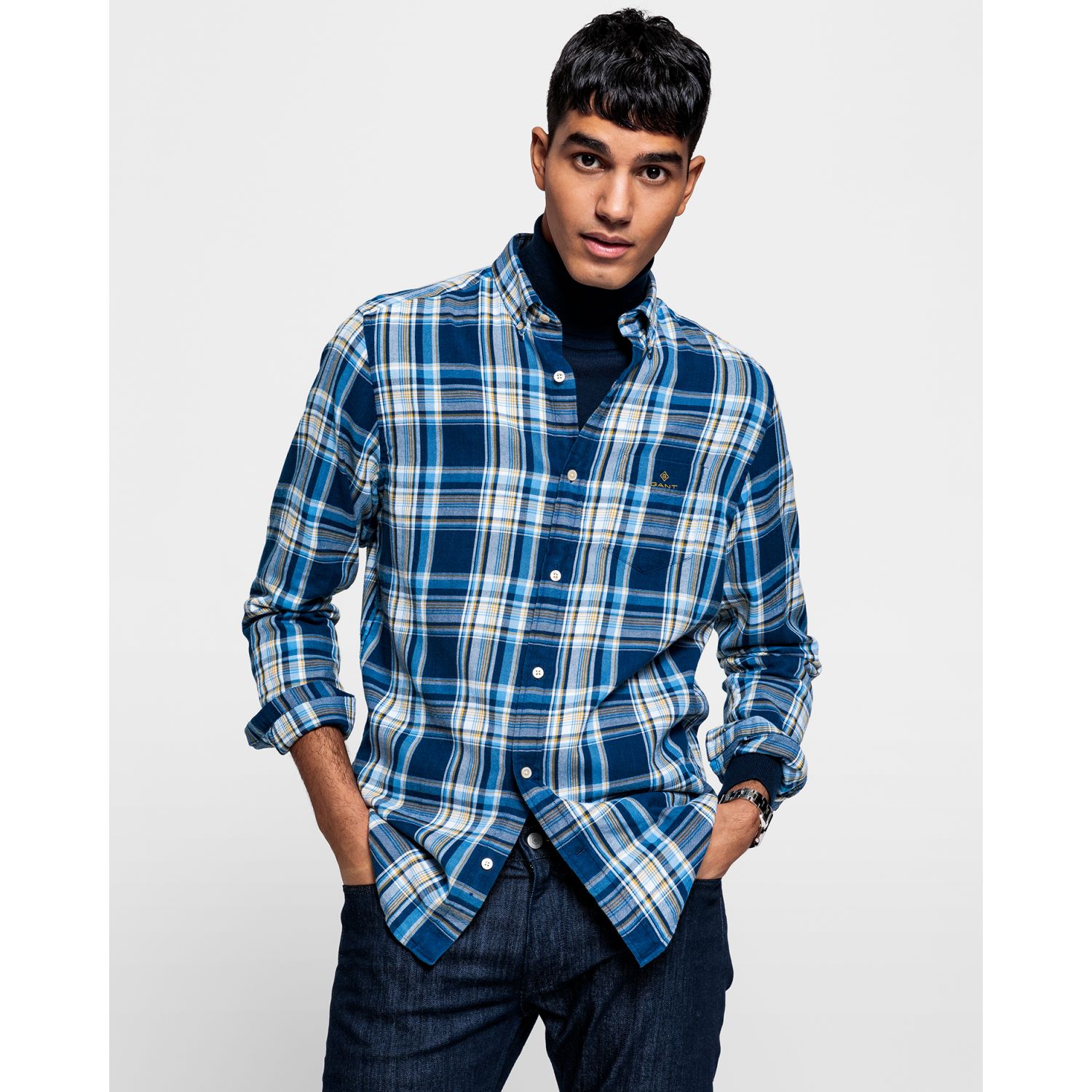 GANT Windblown Flannel Indigo Shirt in DARK INDIGO | endource