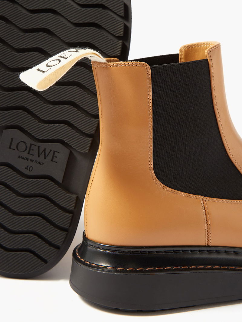 LOEWE Rubber-Trimmed Leather Chelsea Boots in Camel | endource