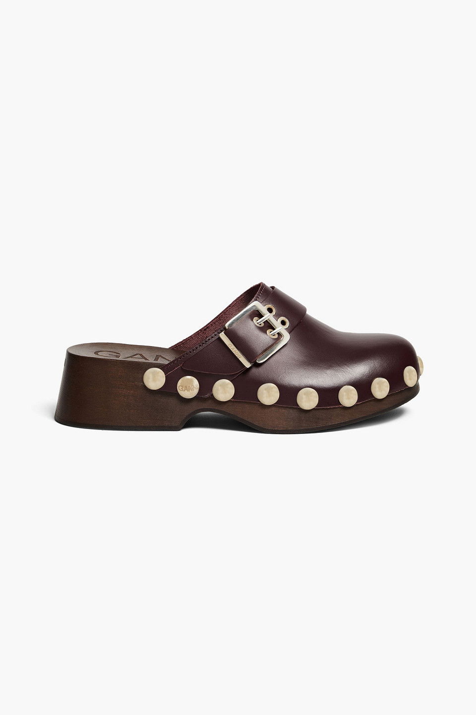 GANNI Studded Leather Clogs in Burgundy | endource