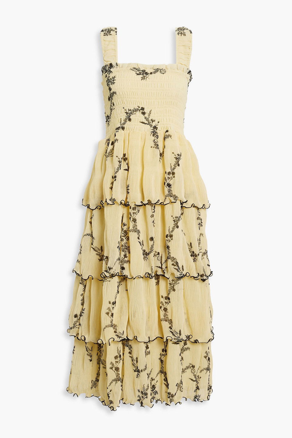 GANNI Tiered Floral-Print Plissé-Chiffon Midi Dress in Yellow | endource