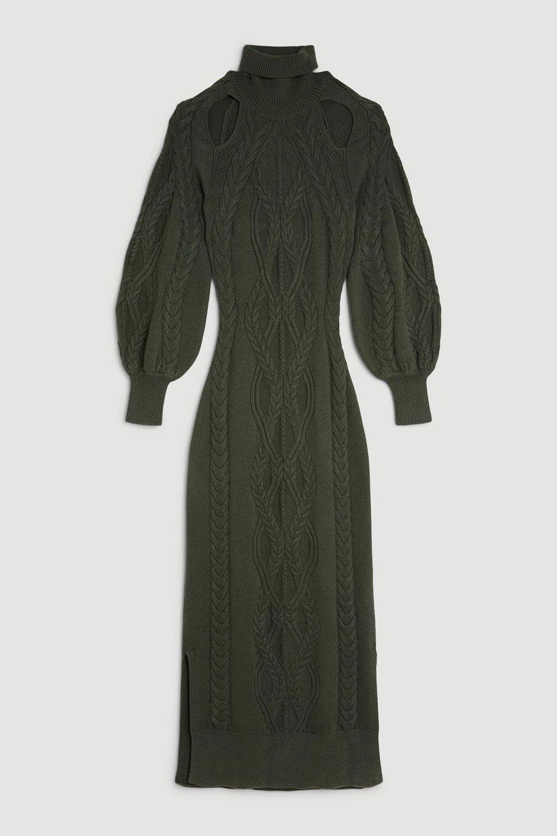 Karen Millen Viscose Blend Cable Knit Cut Out Funnel Neck Maxi Dress In
