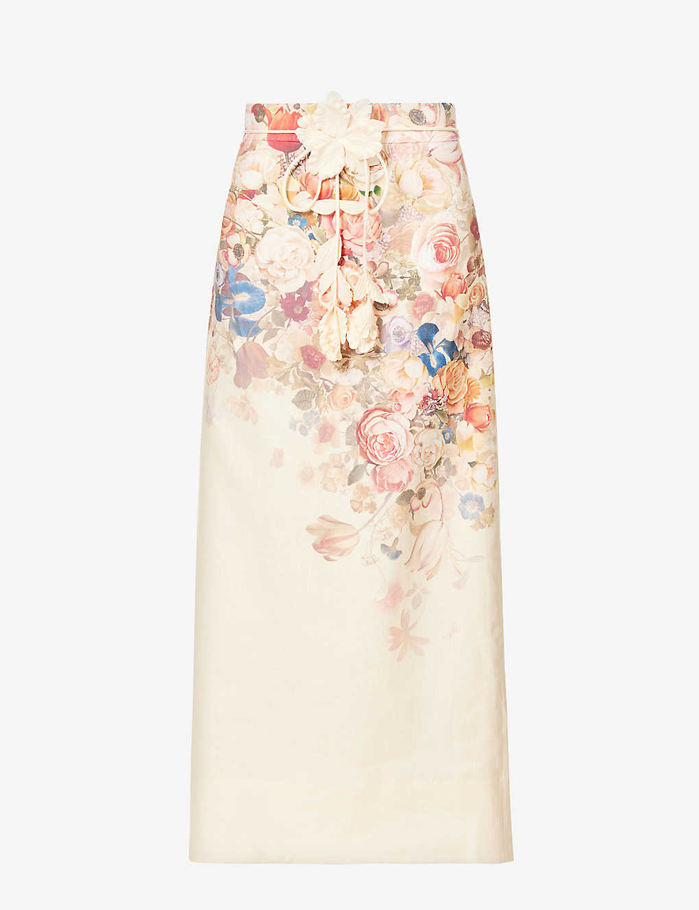 ZIMMERMANN Floral-Print Linen Midi Skirt in Morisot Cream Print | Endource