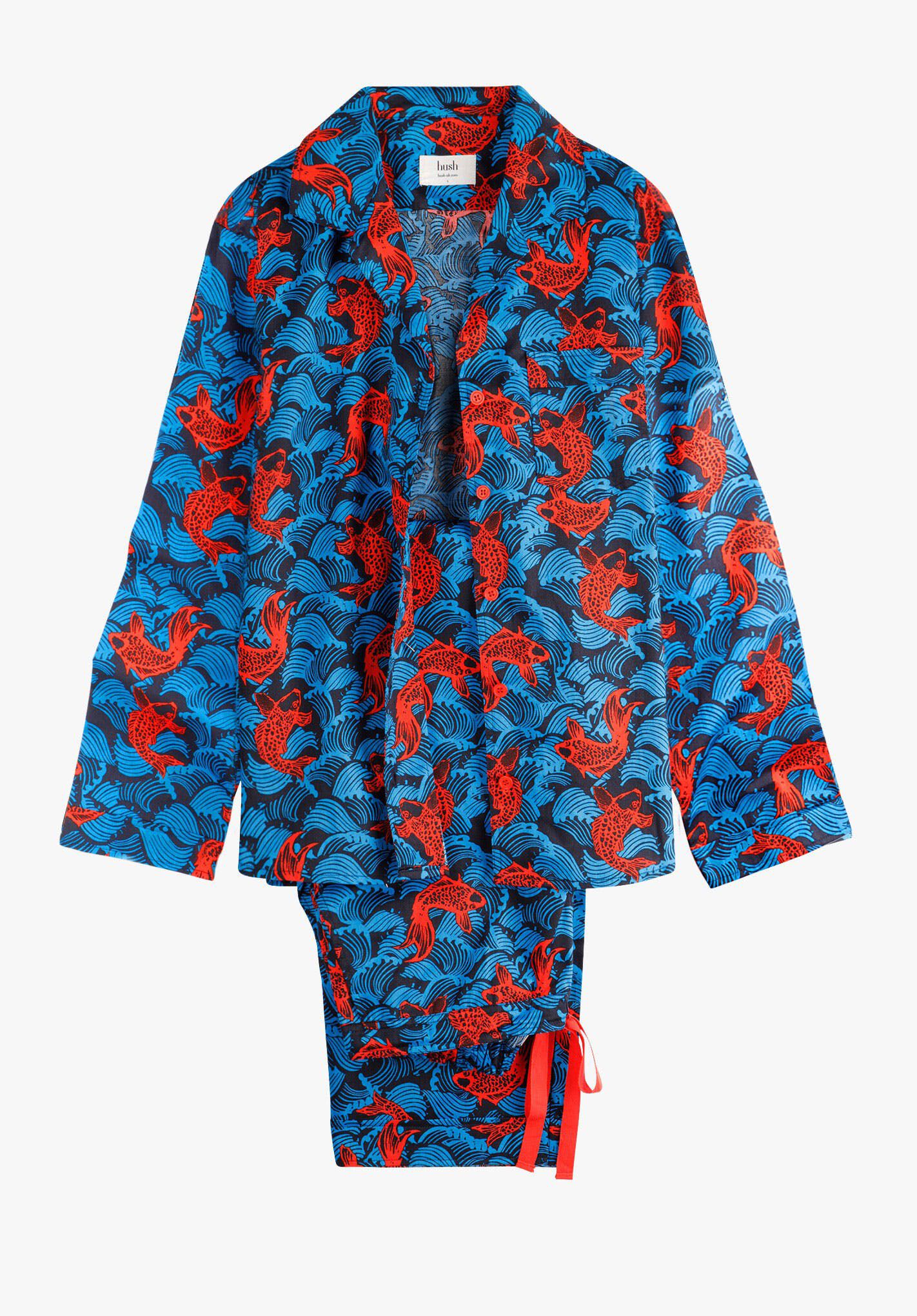 HUSH Fish Print Cotton Pyjamas in Blue/Fiesta | Endource